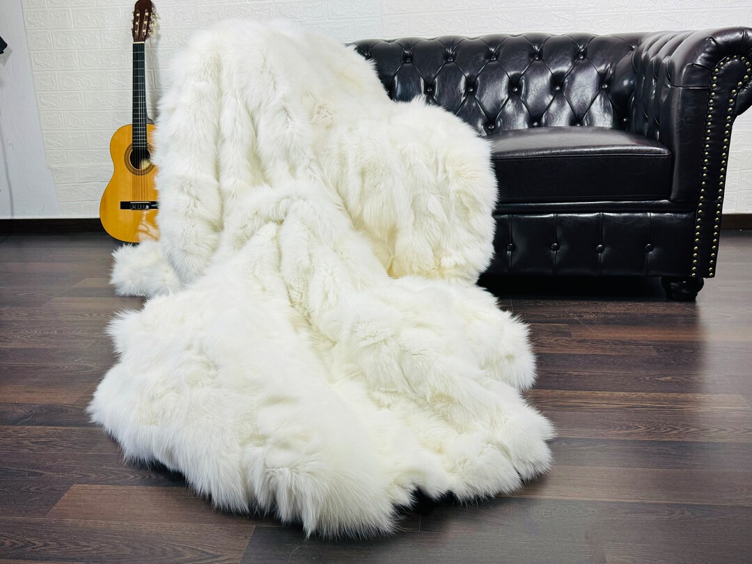 EXCLUSIVE Real FOX FUR Throw Blanket White • Large Area Rug • Genuine ...