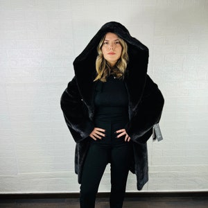 LUXURY Real Black Pelt Mink Fur Coat for Women With Hood • Personalized ...