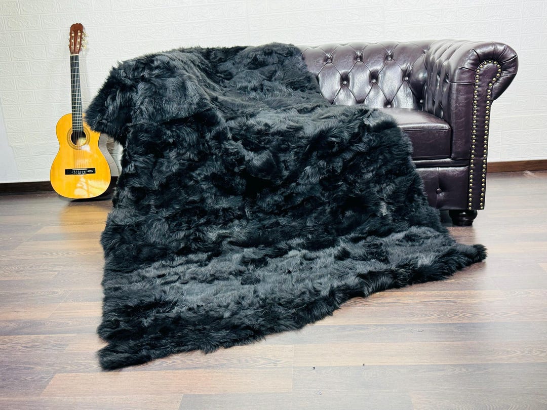 EXCLUSIVE Real SHEEPSKIN FUR Throw Blanket Fluffy Black • Large Area ...