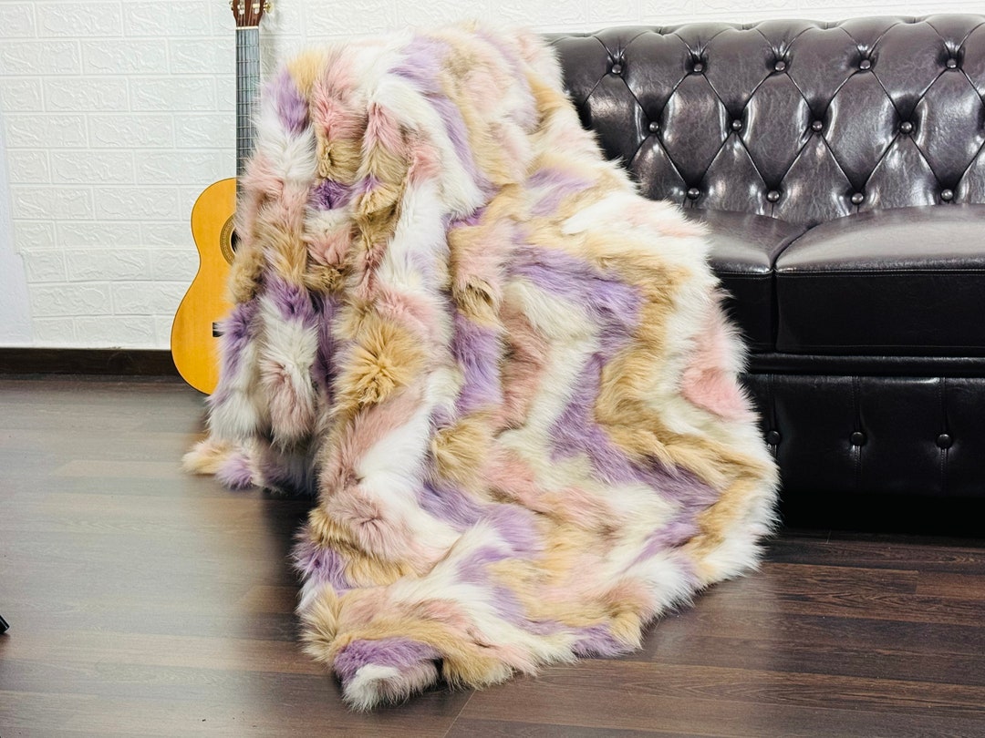 Luxury Real FOX FUR Throw Blanket Colorful • Large Area Rug • Genuine ...