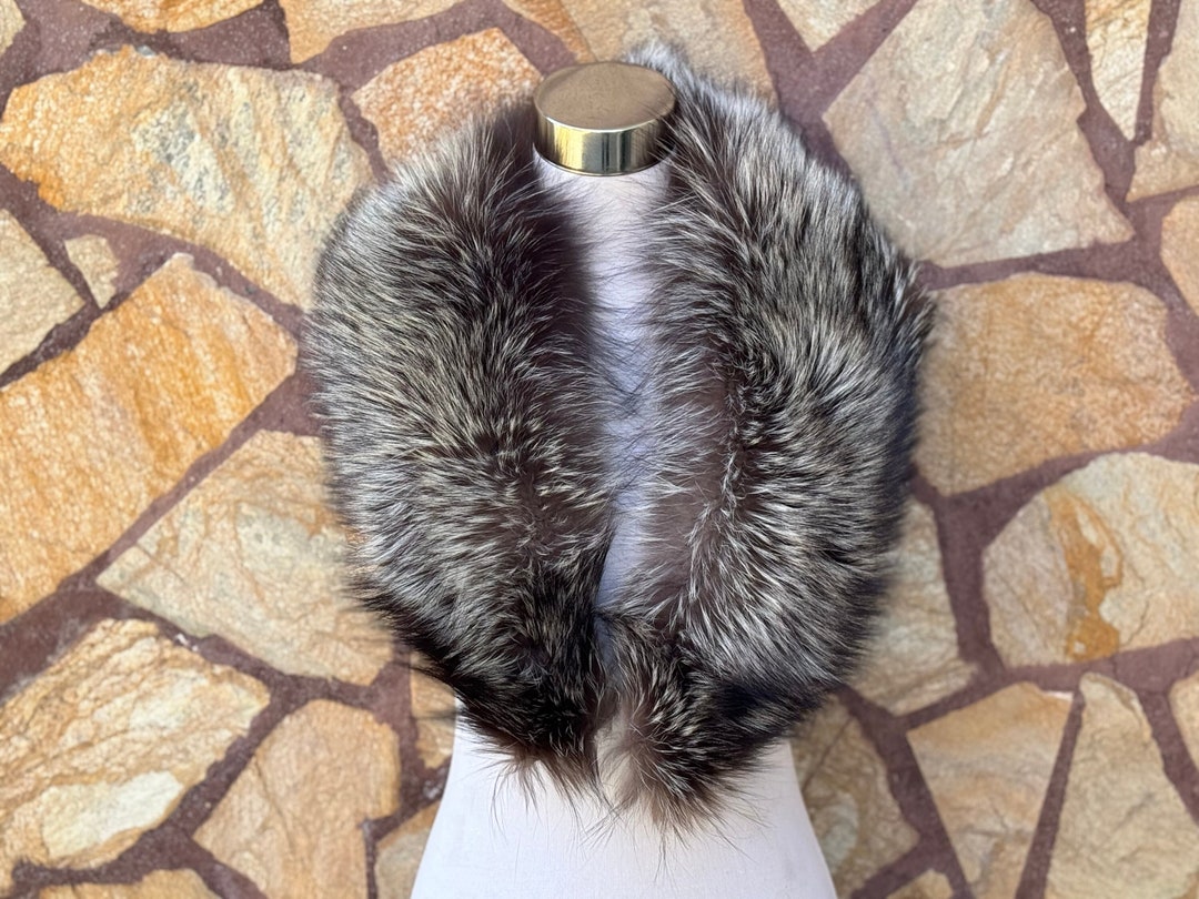 GORGEOUS Real Fox Full Skin Fur Collar Silver • Stylish Statement Piece ...