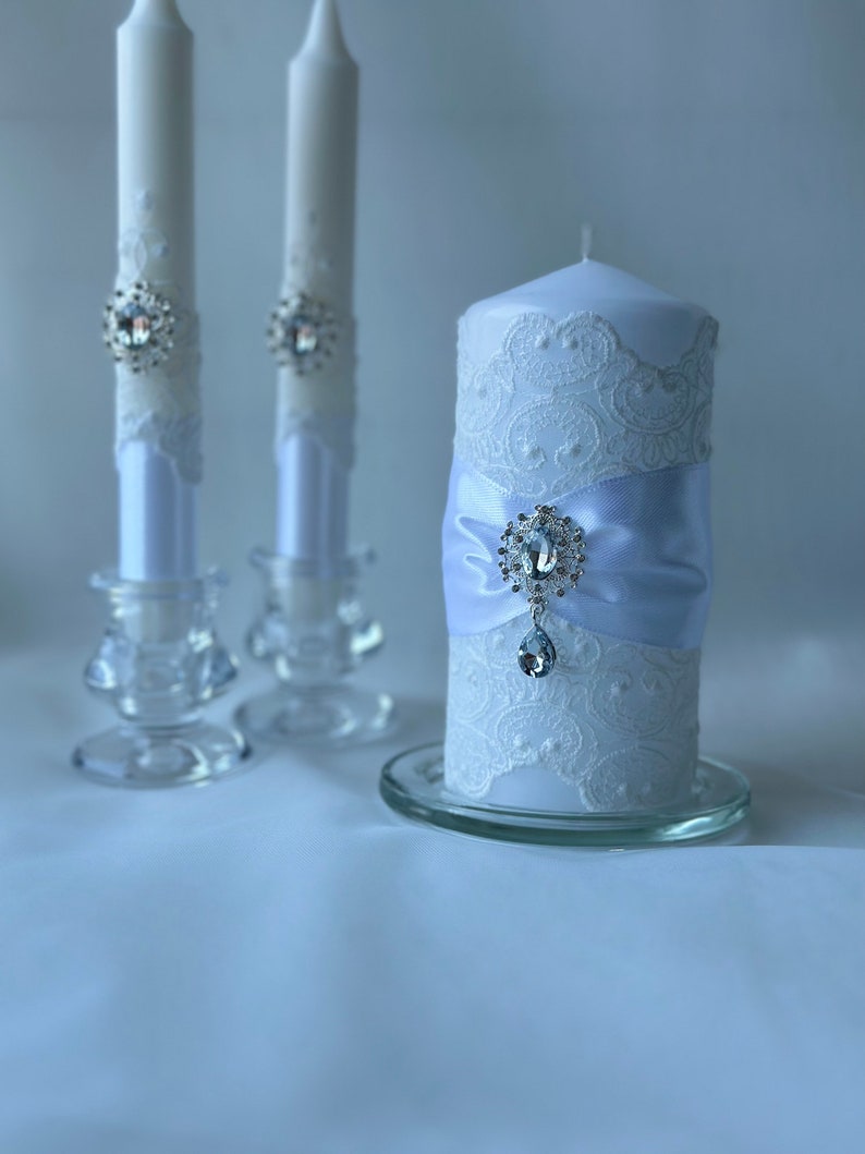 Lace & Rhinestone Wedding Unity Candle Set With Holders - Etsy