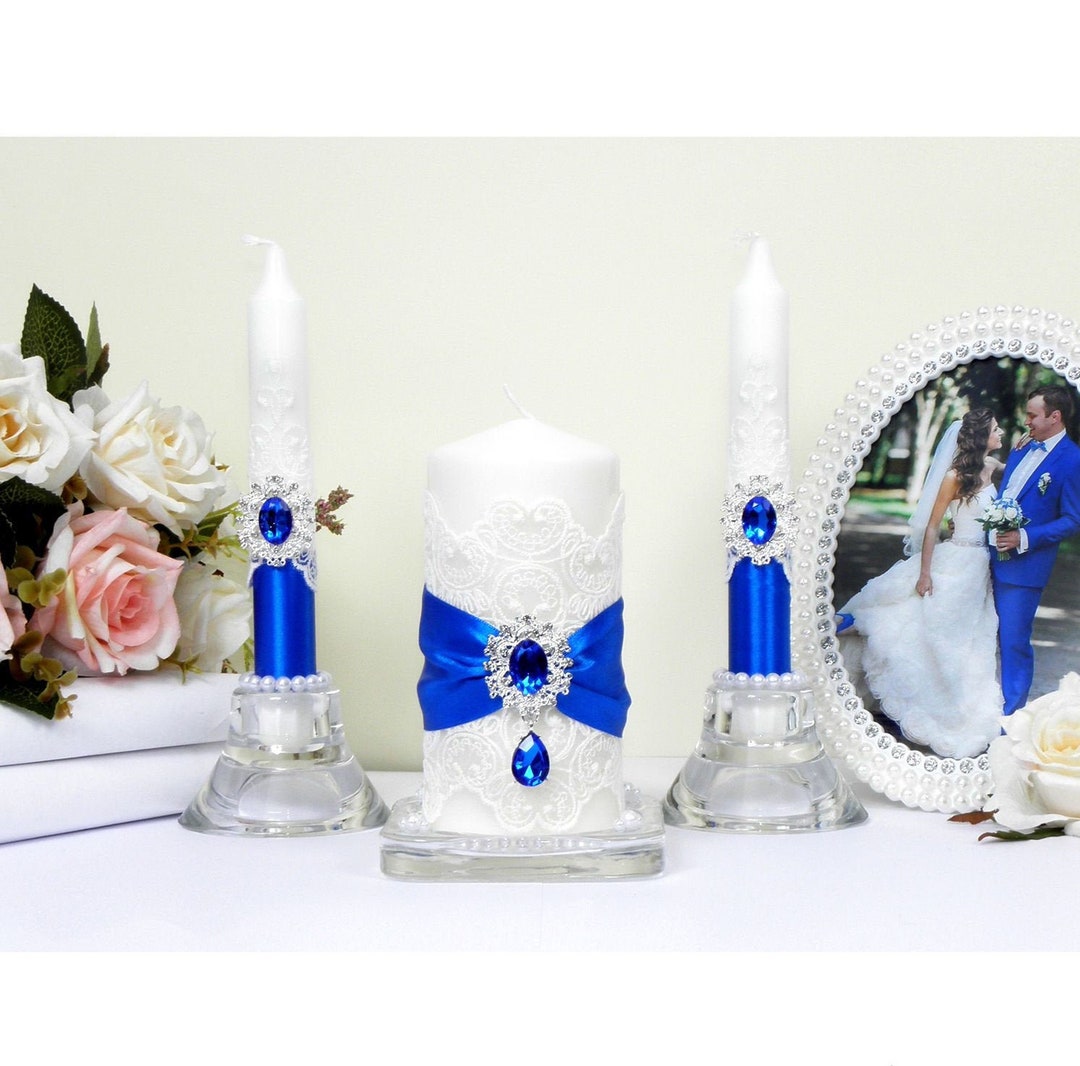 Wedding Unity Candle Set Royal Blue Unity Ceremony Candles With Holders ...