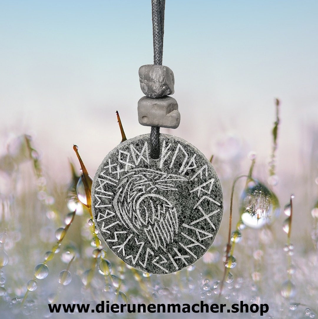 Viking / Wiccan / Witch Stone / Raven in Runic Circle / Engraved on a ...