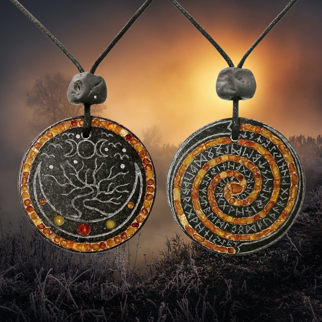 Viking / Wiccan / Double Spiral Amulet With Set Amber and Tree of Life ...