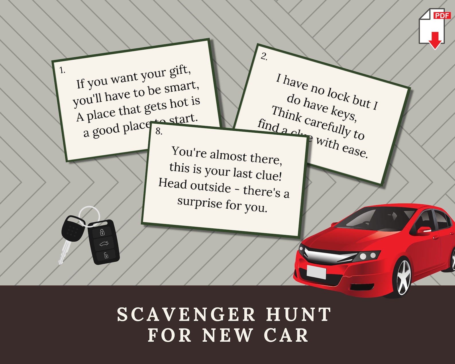 Printable New Car Scavenger Hunt Clues, Treasure Hunt Riddles to Find ...