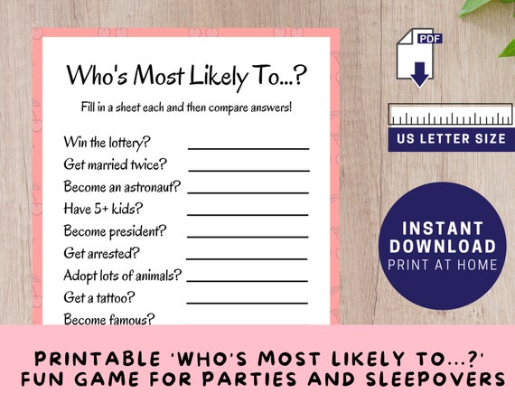 Printable Who's Most Likely to Game Sleepover Party Game - Etsy UK
