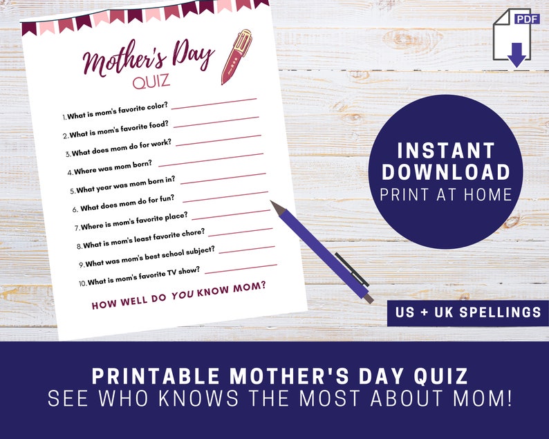 Printable Mother's Day Quiz for Kids and Adults All About - Etsy