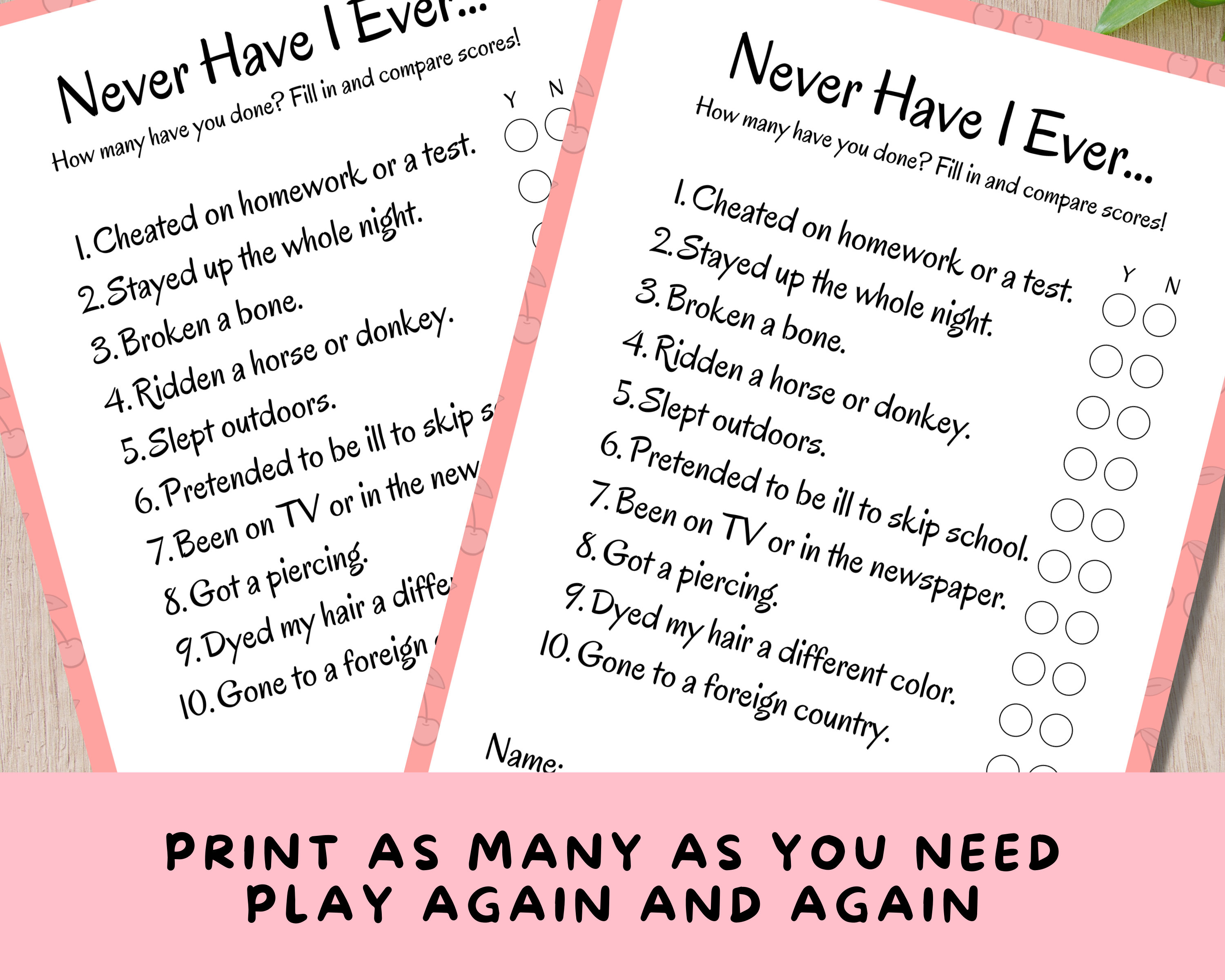 Printable 'never Have I Ever' Party Game for Teenage - Etsy