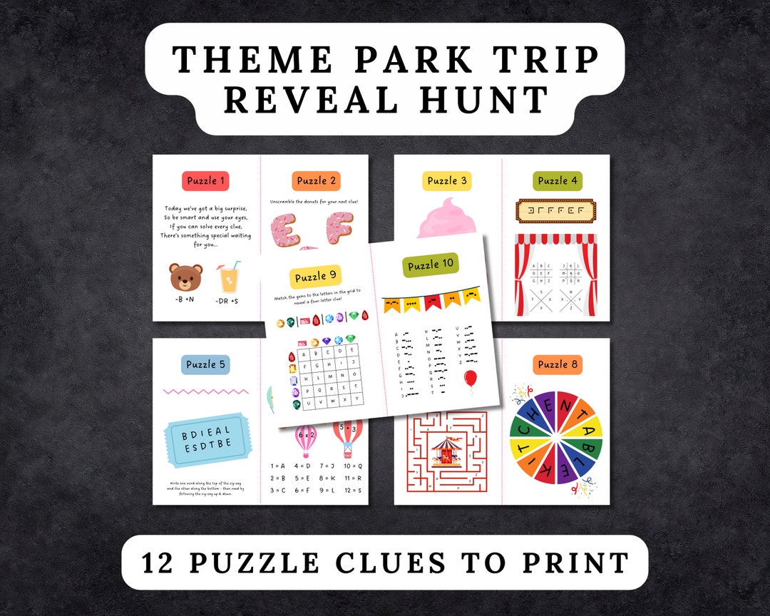 Theme Park Trip Reveal Scavenger Hunt: Printable Puzzle Clues (PDF) - Etsy