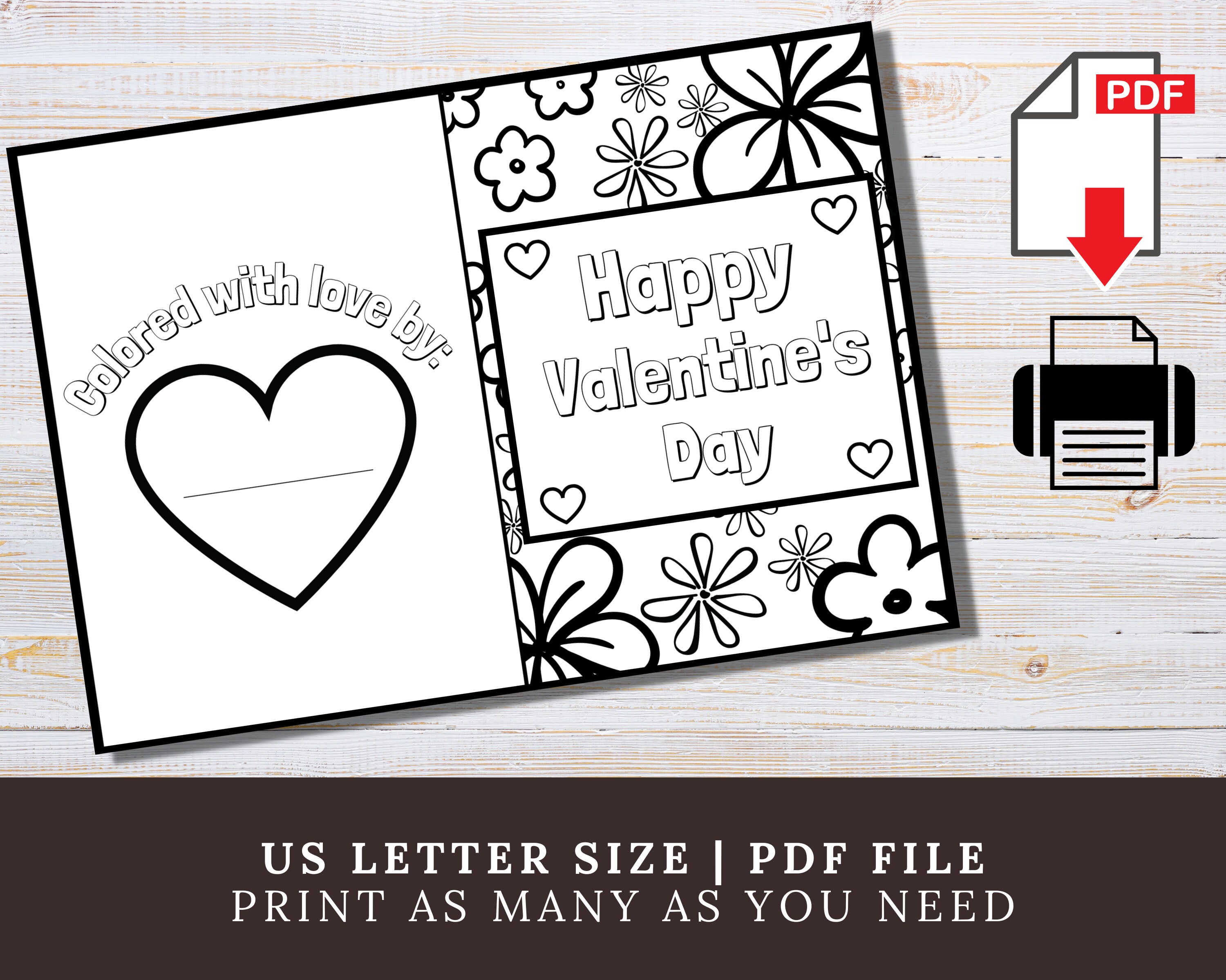 Valentine's Day Color-in Card, Printable Kids Craft Activity (instant ...