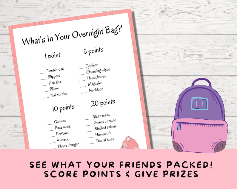 Overnight Bag Game: Printable Sleepover Party Activity for Teens (PDF ...