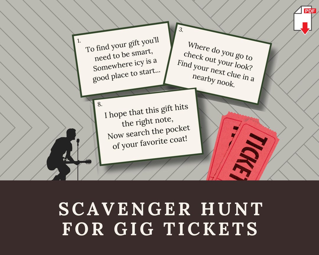 Concert Tickets Scavenger Hunt Clues, Printable Treasure Hunt to Hide ...