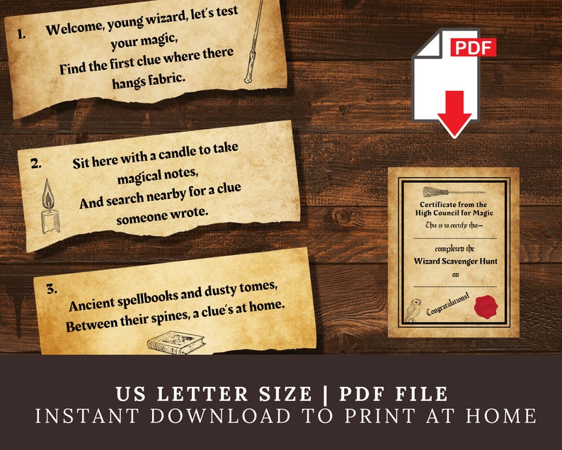 Wizard Scavenger Hunt Clues printable, Magic School Treasure Hunt With ...