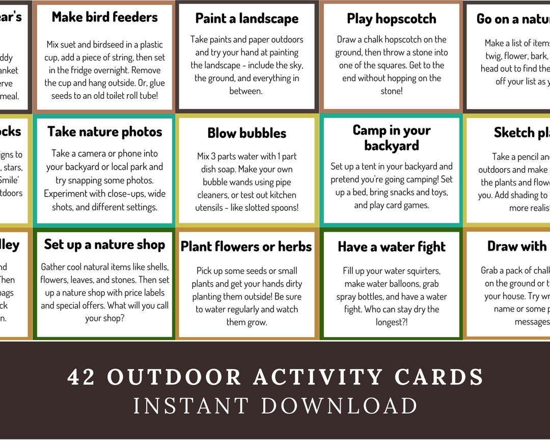 42 Outdoor Activity Cards for Kids (printable), Nature Play, Backyard ...