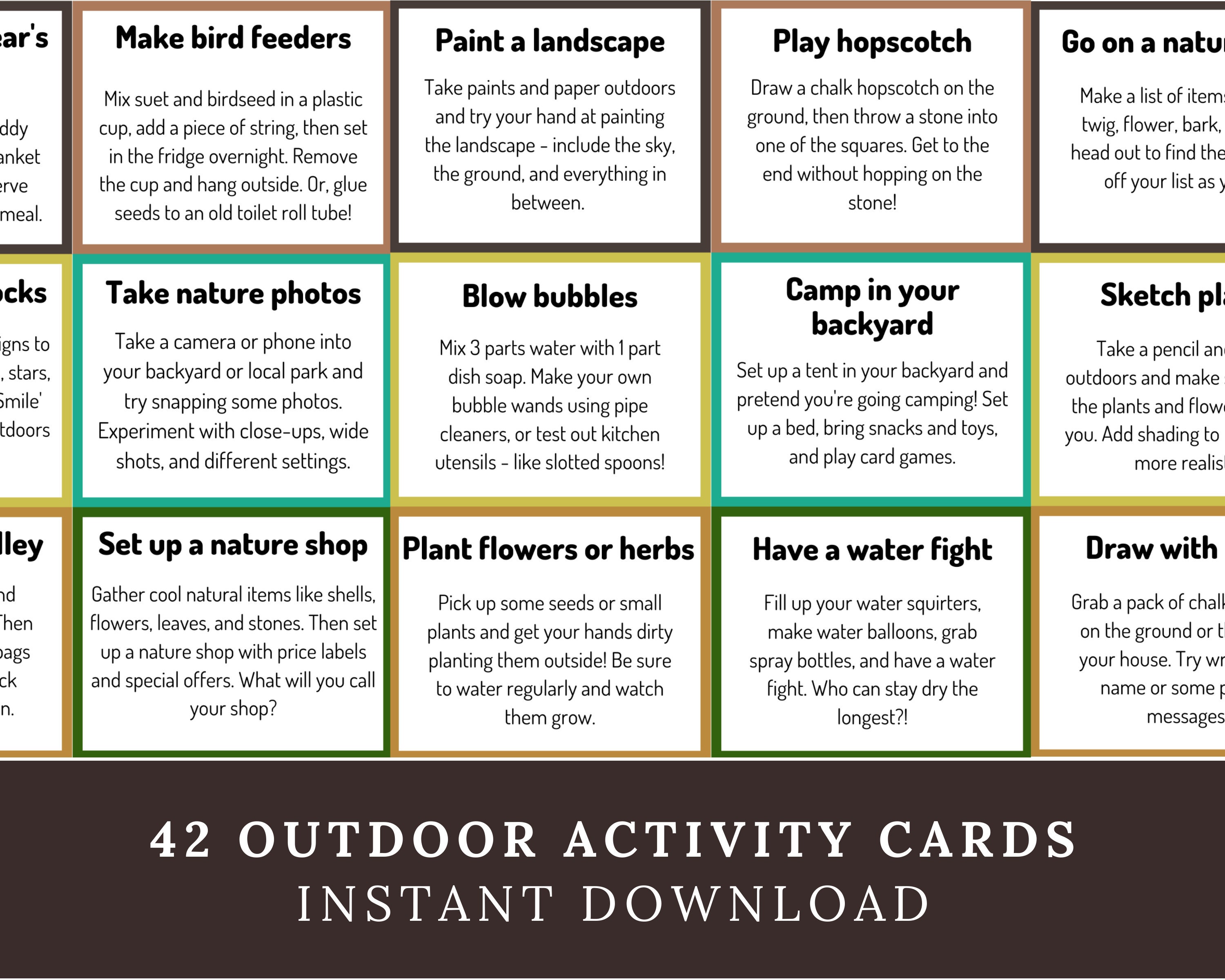 42 Outdoor Activity Cards for Kids printable, Nature Play, Backyard and ...