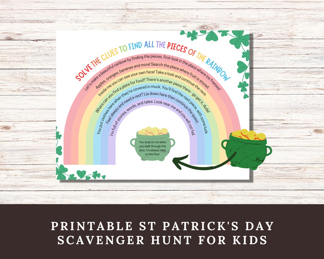 St Patrick's Day Scavenger Hunt Printable, St Patty's Day Treasure Hunt ...