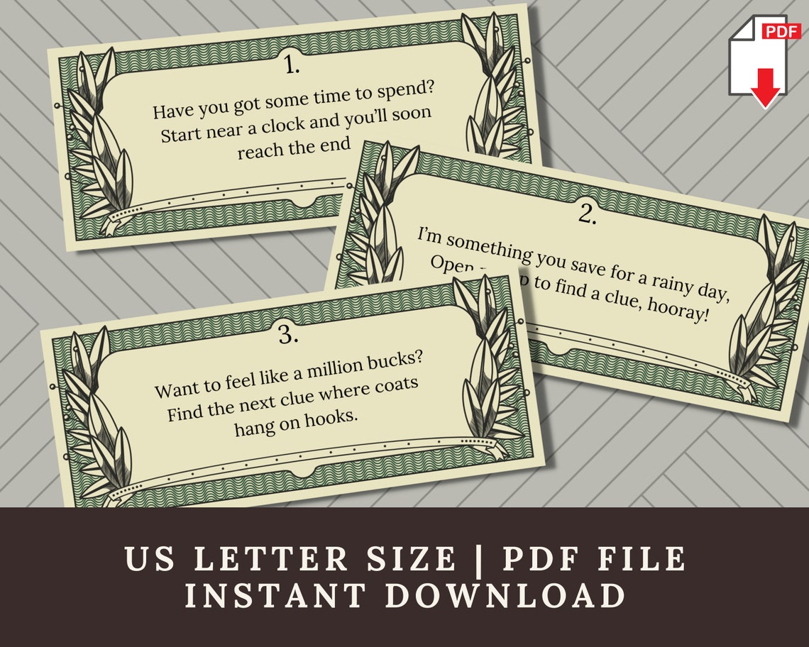 Money Scavenger Hunt Clues, Printable Birthday or Christmas Money ...