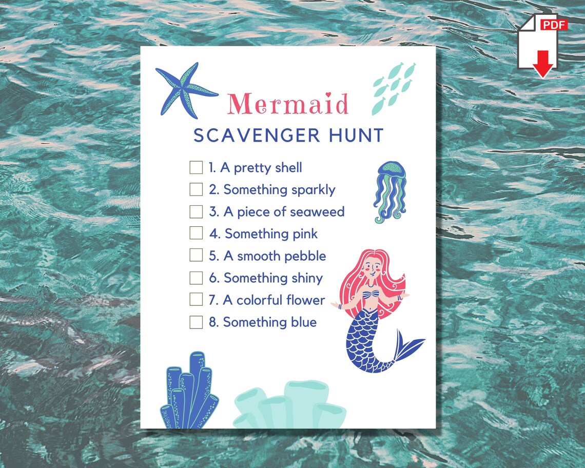 Mermaid Scavenger Hunt Printable, Cute Mermaid Party Game Activity for ...