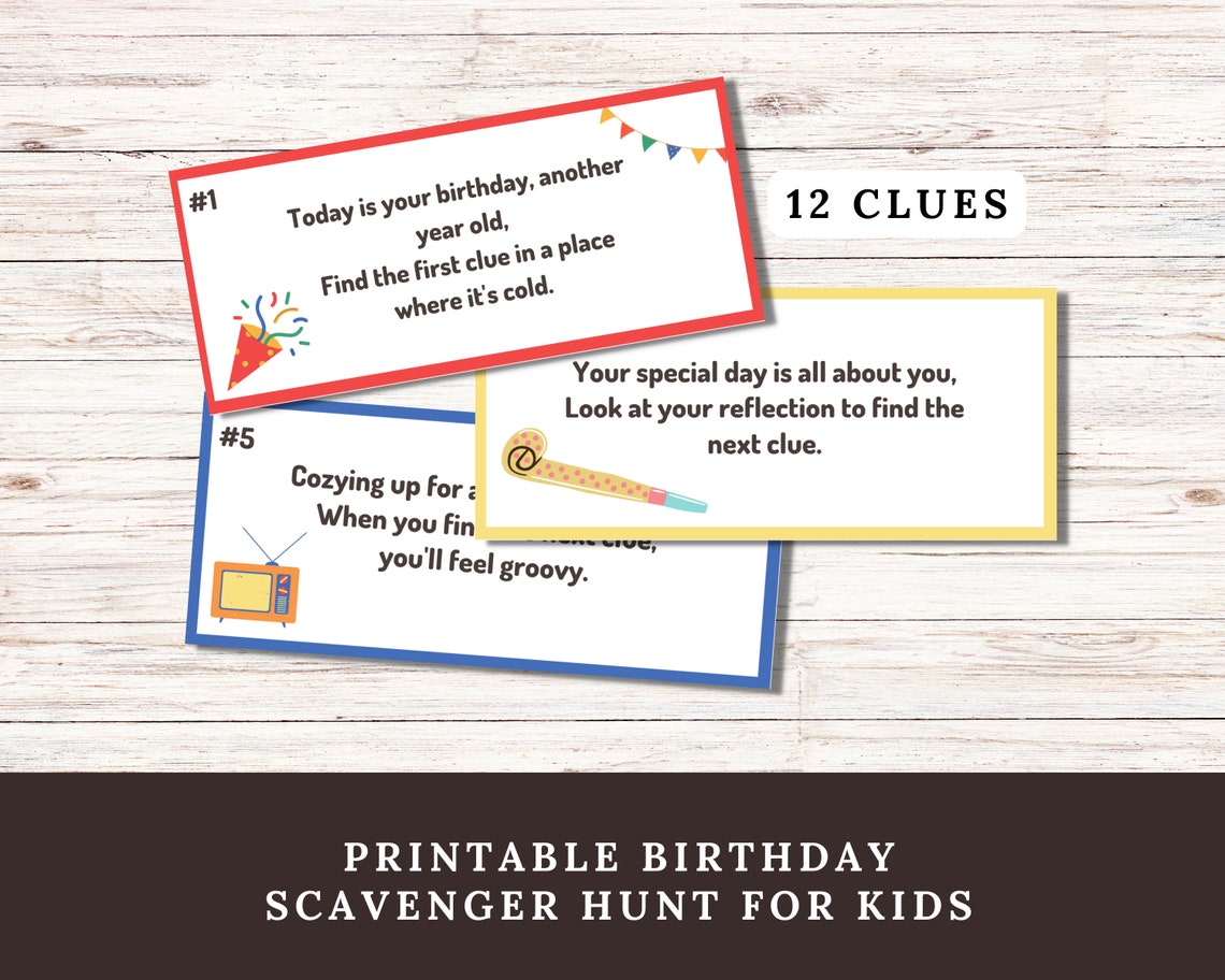 Birthday Scavenger Hunt Clues for Kids, Printable Treasure Hunt for ...