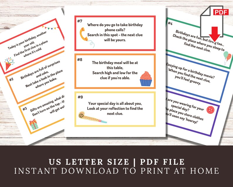 Birthday Scavenger Hunt Clues for Kids, Printable Treasure Hunt for ...