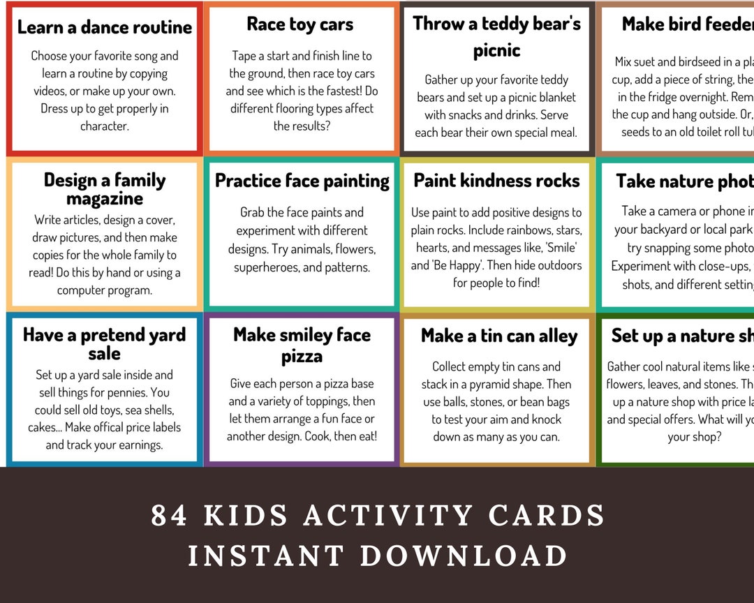 Printable Activity Card Bundle for Kids (84 Cards), Indoor and Outdoor ...