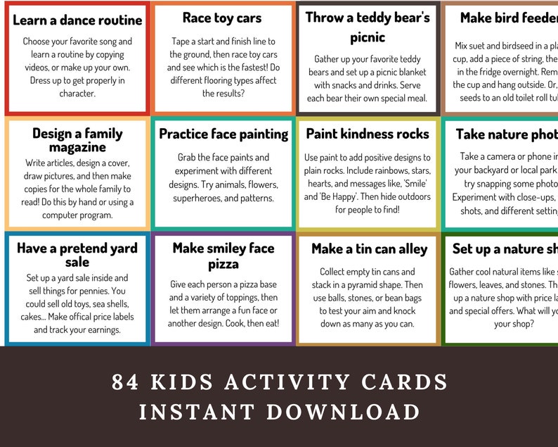 Kids Activity Card Bundle: 84 Indoor and Outdoor Boredom Busters (PDF ...