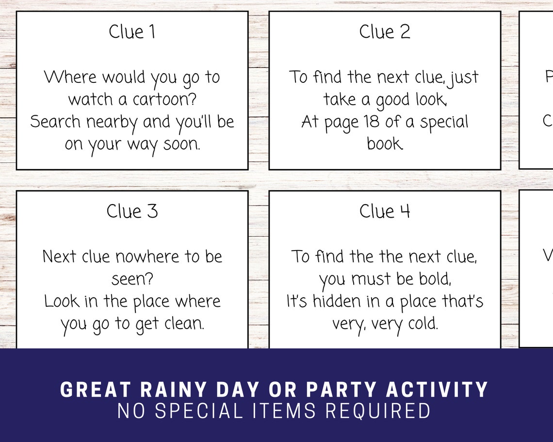At Home Scavenger Hunt With Rhyming Clues, Printable Indoor Birthday ...