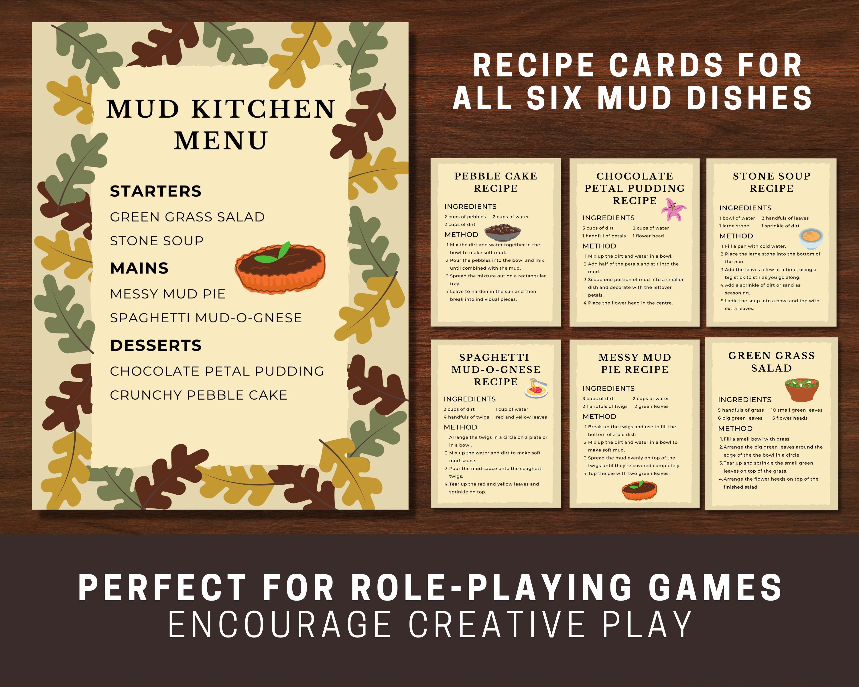 Mud Kitchen Printable Menu & 6 Recipe Cards, Mud Pie Recipes, Mud ...