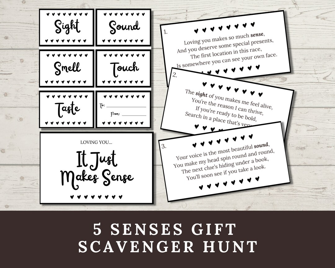 5 Senses Gift Tags & Scavenger Hunt for Him or Her, Printable Valentine ...