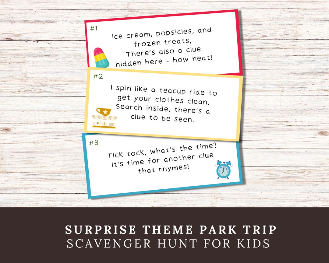 Theme Park Trip Reveal Scavenger Hunt: 16 Printable Clues (instant ...