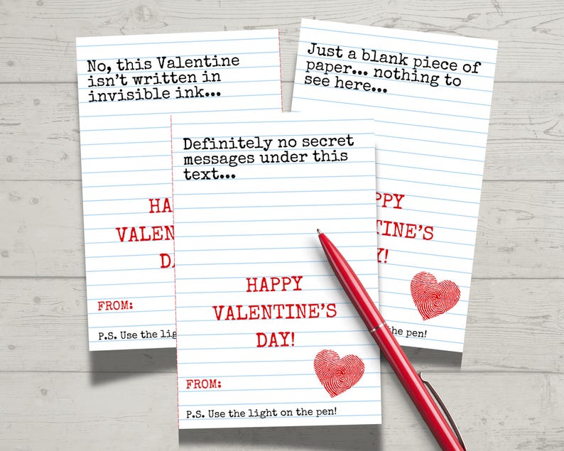 Invisible Ink Pen Valentine Cards: Secret Agent Spy Favor (printable ...
