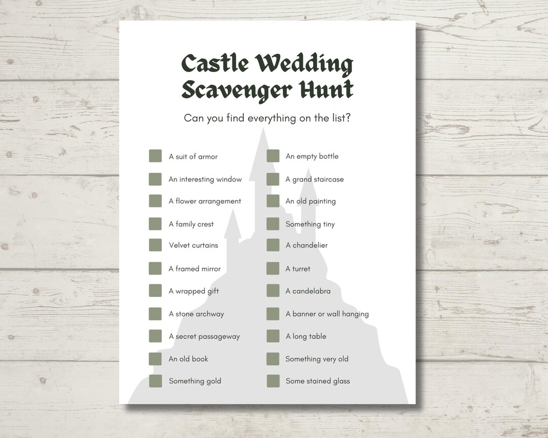 Castle Wedding Scavenger Hunt for Kids, Printable Wedding Treasure Hunt ...