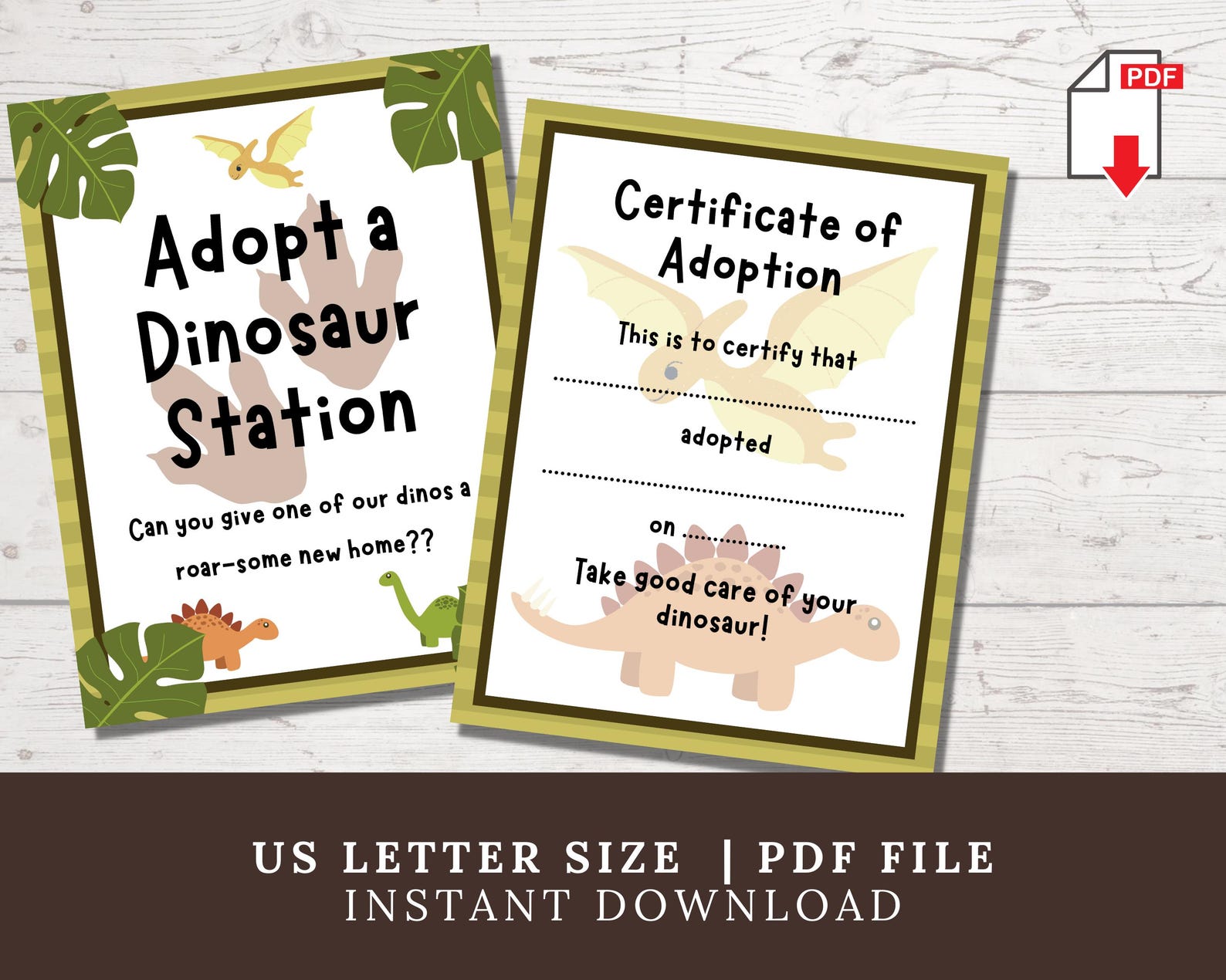 Dinosaur Adoption Sign & Certificate: Kids Birthday Party Game (PDF ...