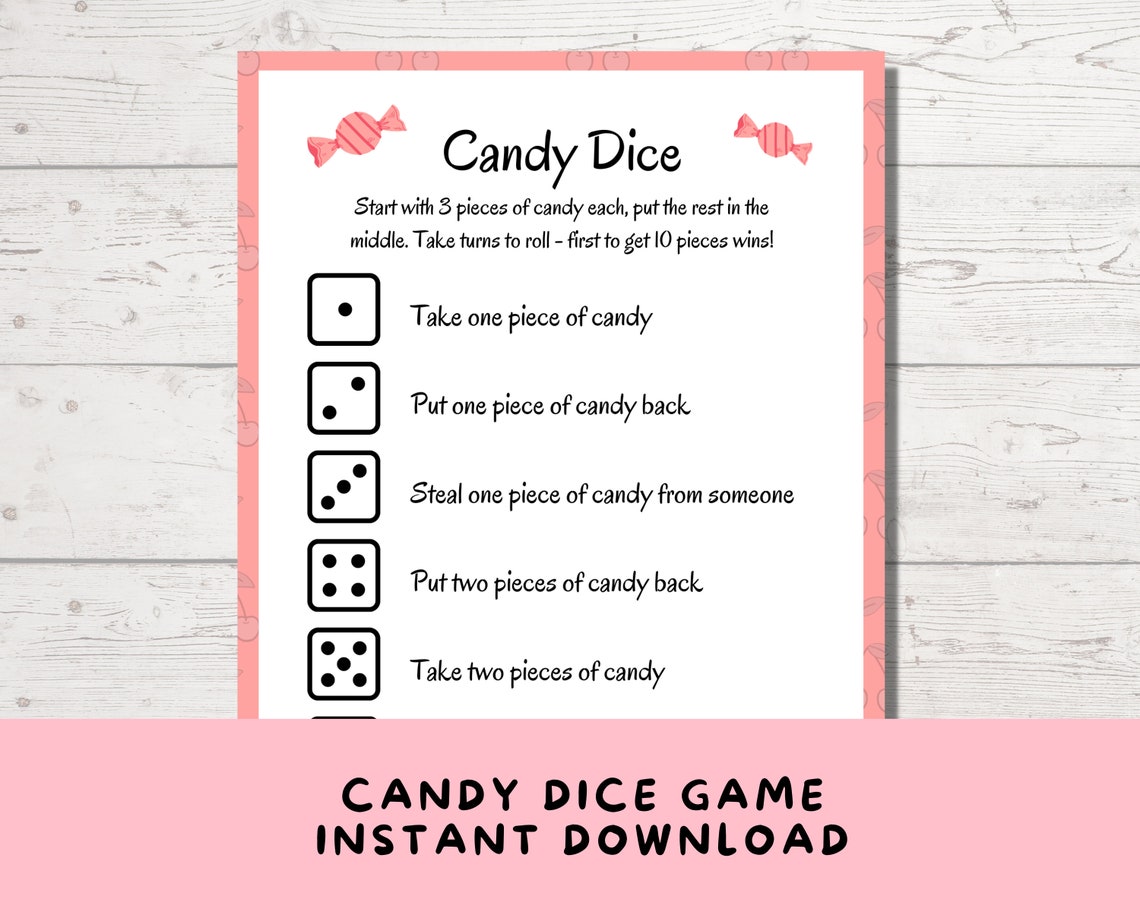 Candy Dice Party Game: Printable Slumber Party Activity (PDF Download ...