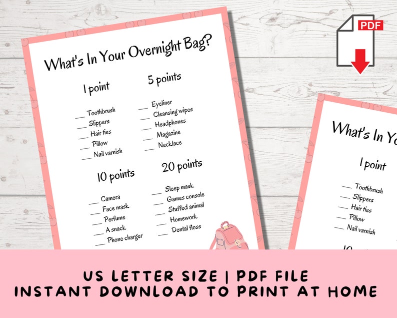 Overnight Bag Game: Printable Sleepover Party Activity for Teens (PDF ...
