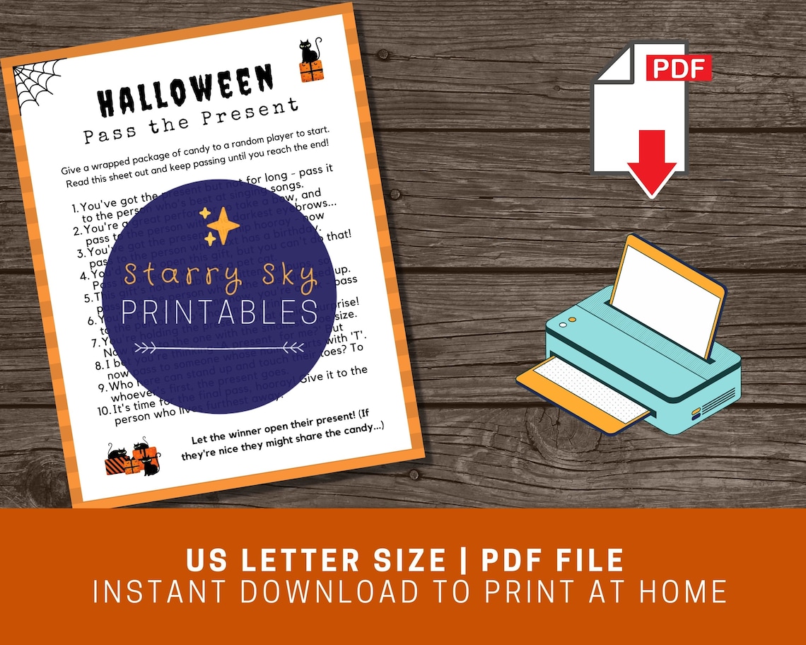 Printable Halloween Pass the Present Game, Halloween Party Activity for ...