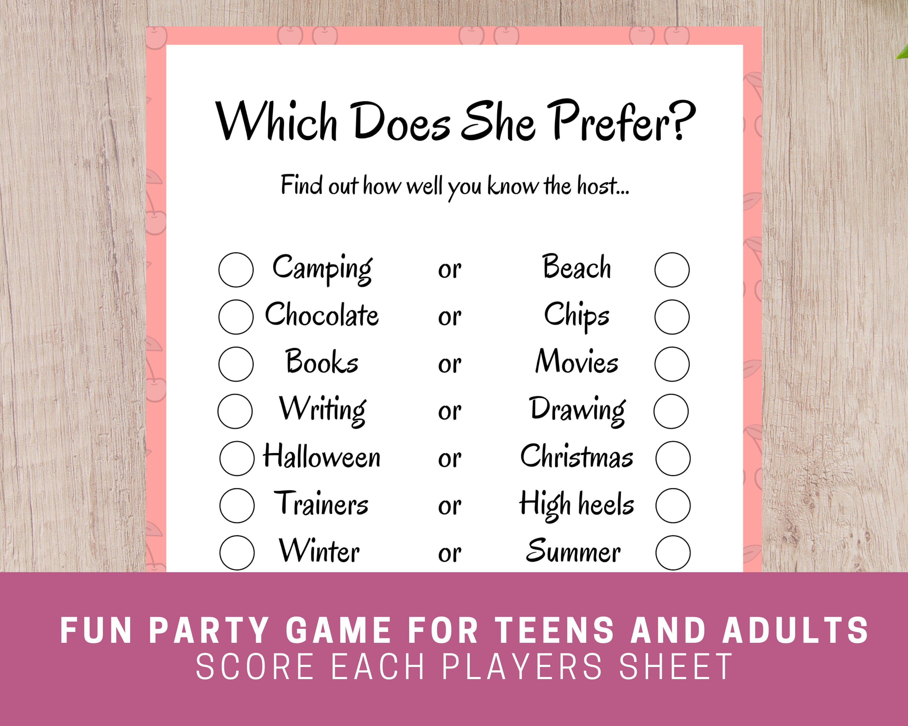 Which Does She Prefer Printable Party Game for Teens Tweens - Etsy