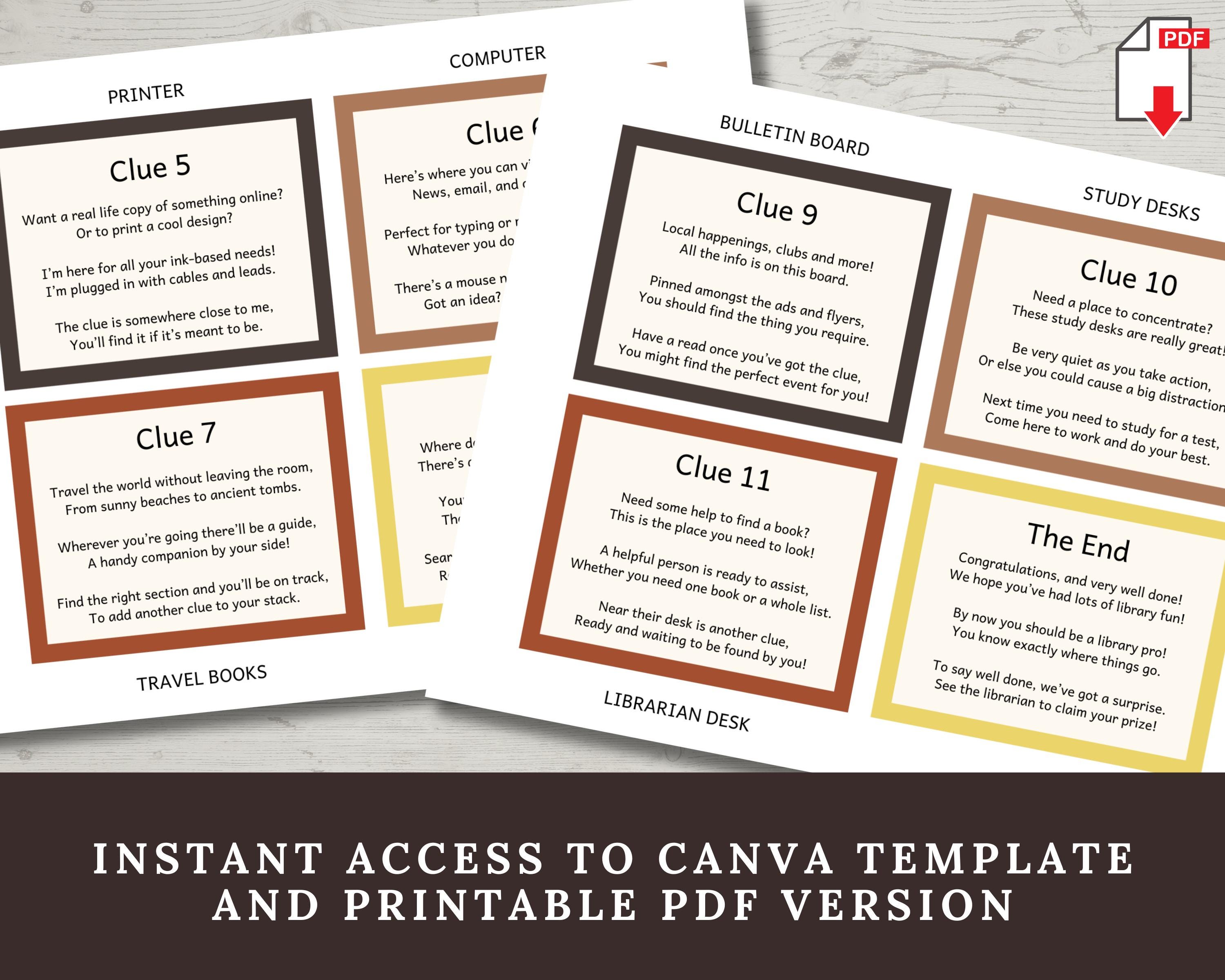 Library Scavenger Hunt Clues for Kids: Editable Canva Template ...