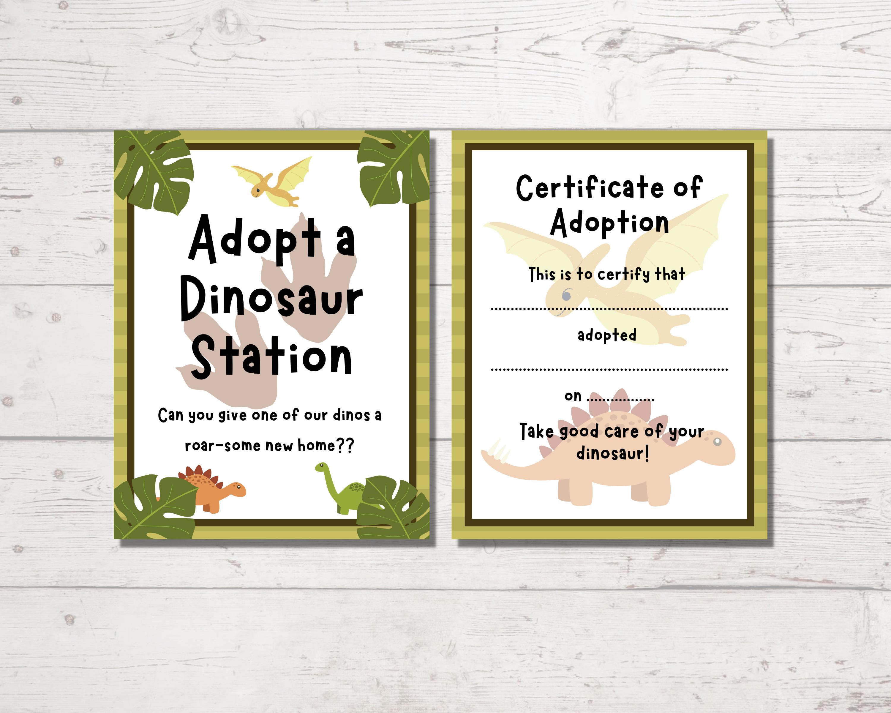 Dinosaur Adoption Sign & Certificate: Kids Birthday Party Game (PDF ...