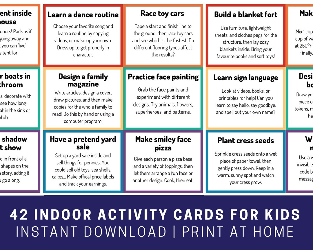 42 Indoor Activity Cards for Kids and Toddlers printable - Etsy