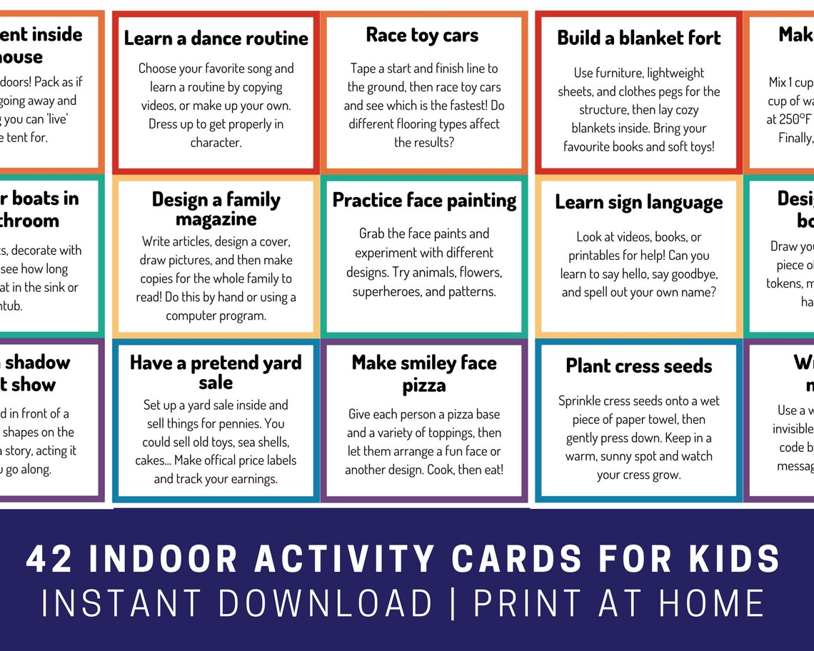 42 Indoor Activity Cards for Kids and Toddlers printable - Etsy