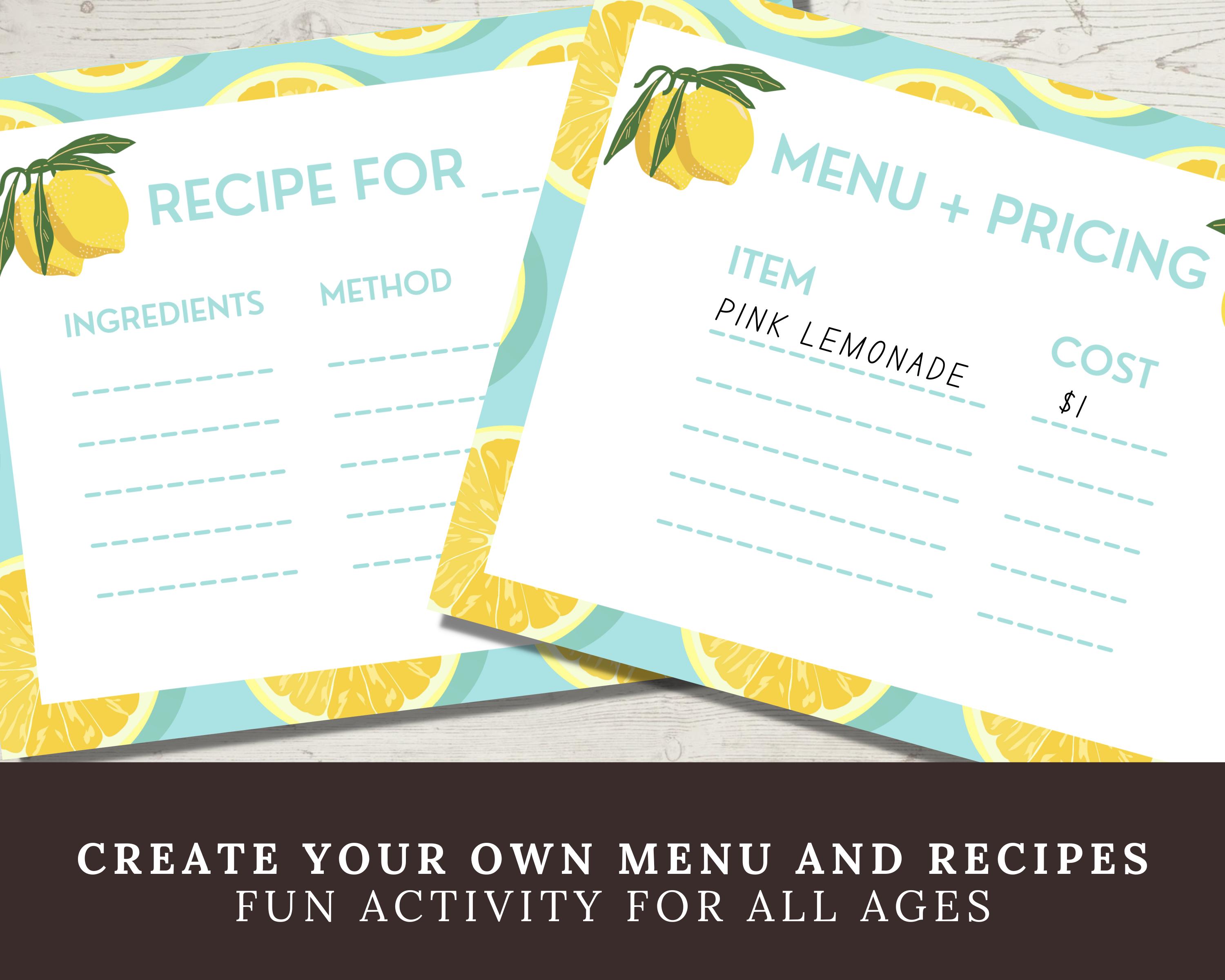 Printable Lemonade Stand Kit: Kids Pretend Play, Menu & Receipts (PDF ...