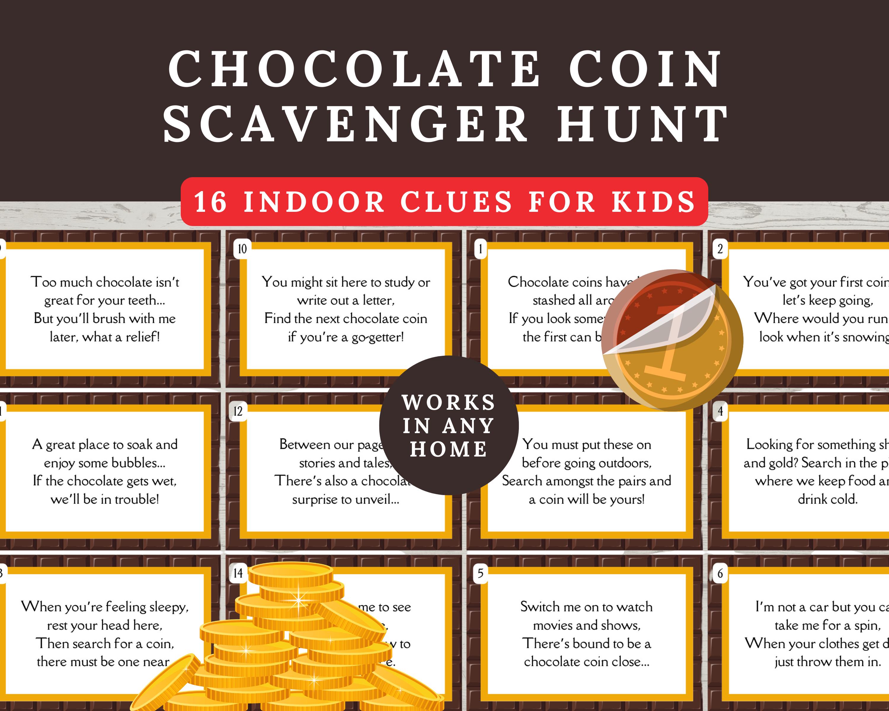 Chocolate Coin Scavenger Hunt for Kids, Printable Treasure Hunt Clues ...