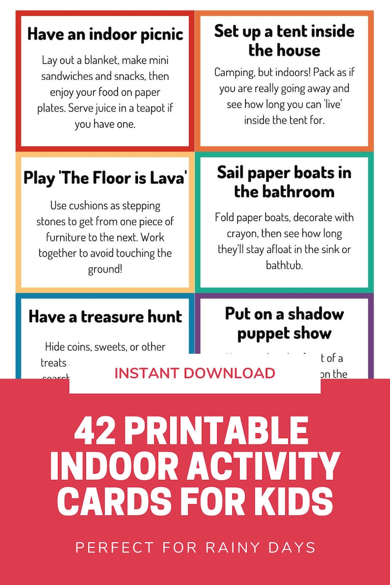 42 Indoor Activity Cards for Kids and Toddlers Printable | Etsy