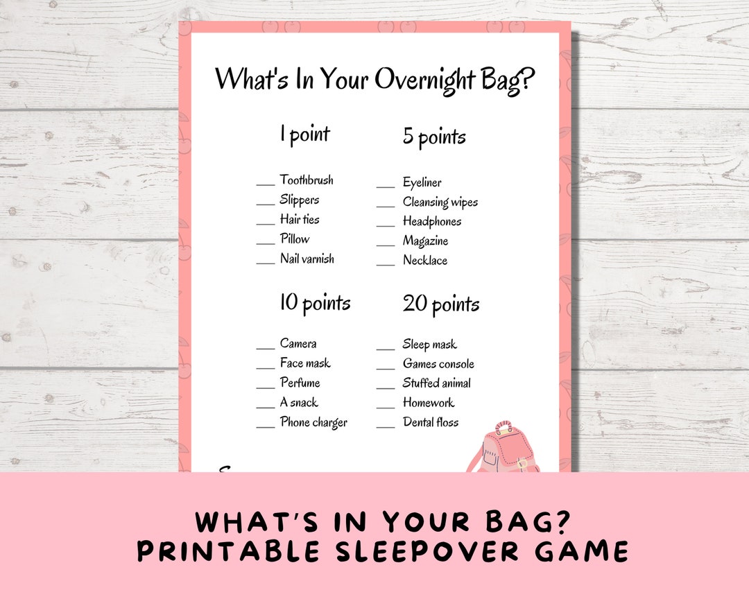 Overnight Bag Game: Printable Sleepover Party Activity for Teens (PDF ...