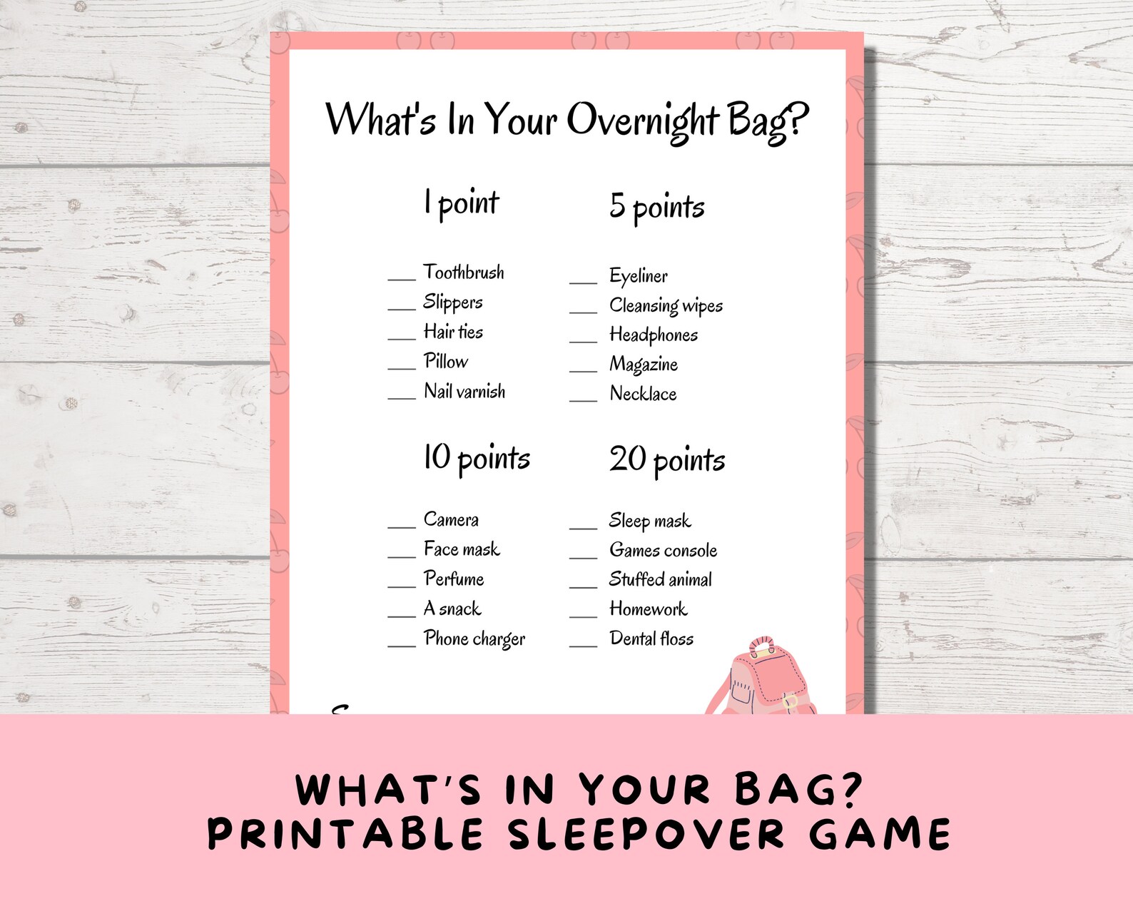 Overnight Bag Game: Printable Sleepover Party Activity for Teens (PDF ...