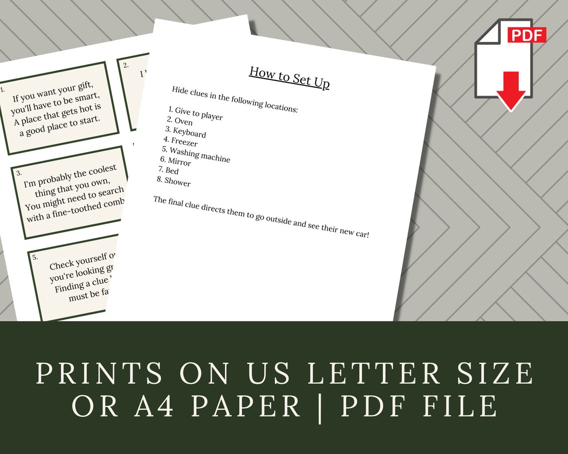 Printable New Car Scavenger Hunt Clues, Treasure Hunt Riddles to Find ...