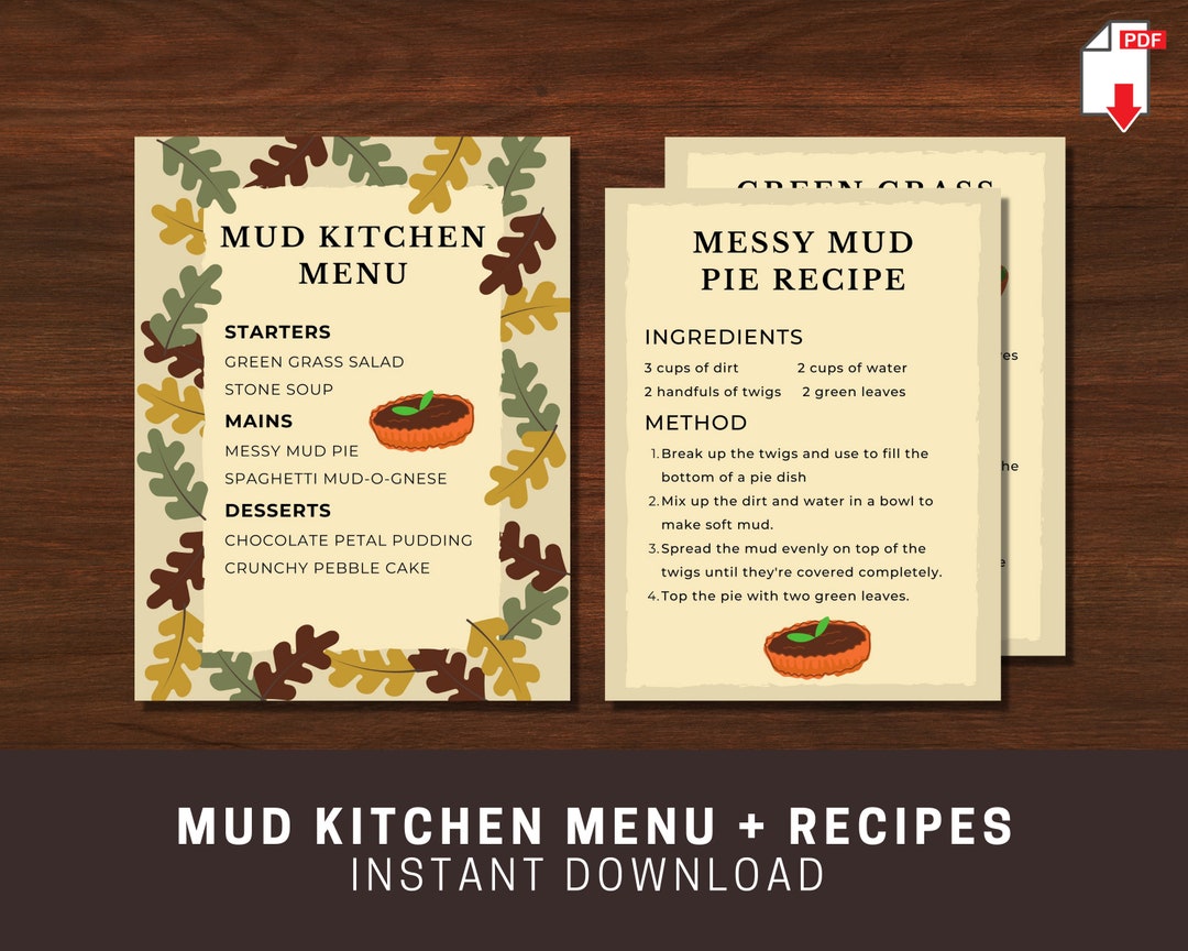 Mud Kitchen Printable Menu & 6 Recipe Cards Mud Pie Recipes - Etsy