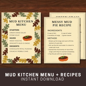 Mud Kitchen Printable Menu & 6 Recipe Cards Mud Pie Recipes - Etsy